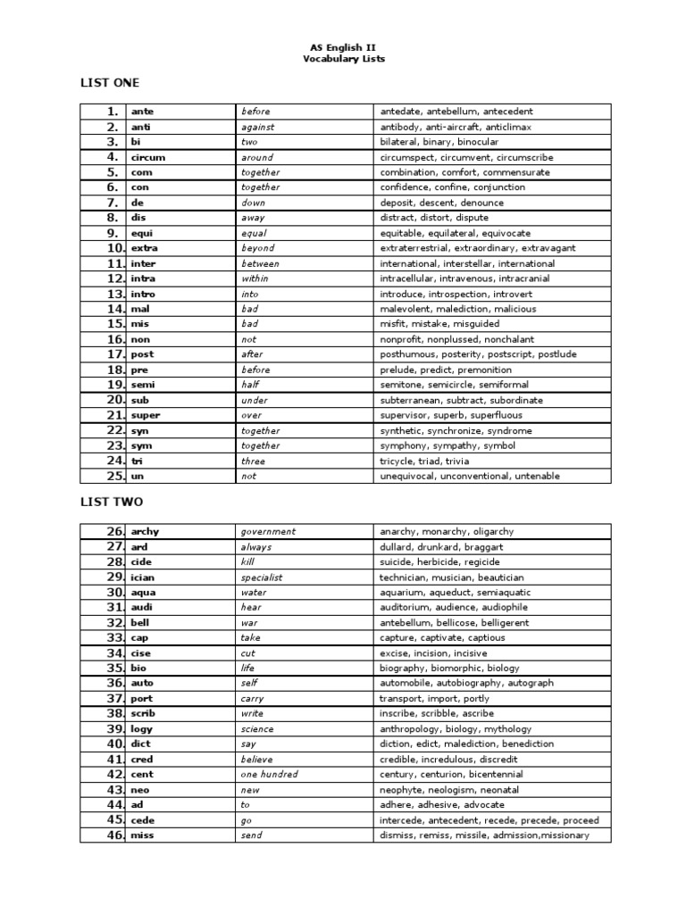 Root Word Vocabulary Lists | PDF | Nature