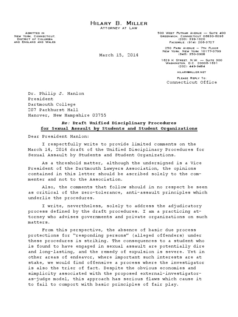 Comment Letter Re Dartmouth Draft Sexual Assault Procedures | PDF ...