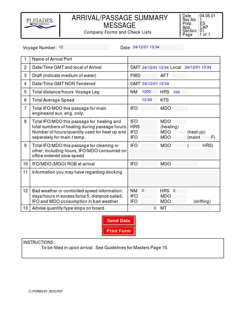 Arrival/Passage Summary Message: Company Forms and Check Lists | PDF