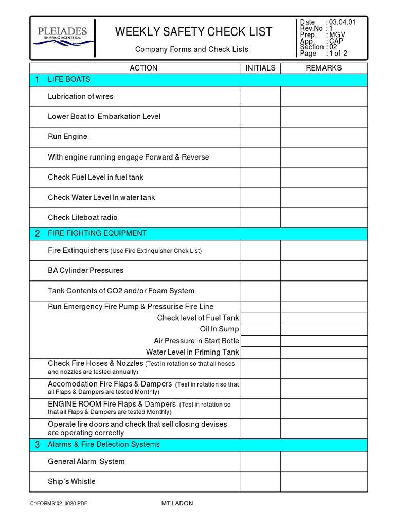Weekly Safety Check List: Company Forms and Check Lists | PDF