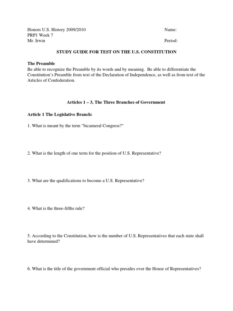 History, U.S. Honors - 2009/2010 Study Guide The Constitution of The ...