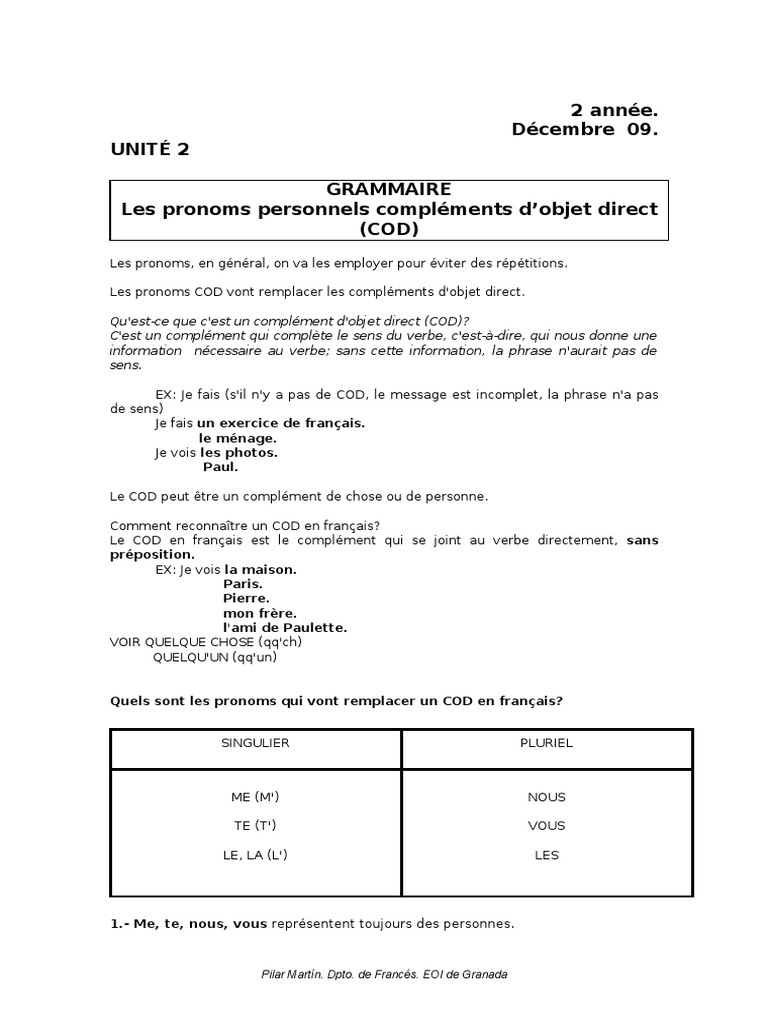 Pronoms COD : Guide et Exercices | PDF | Complément d'objet | Pronom