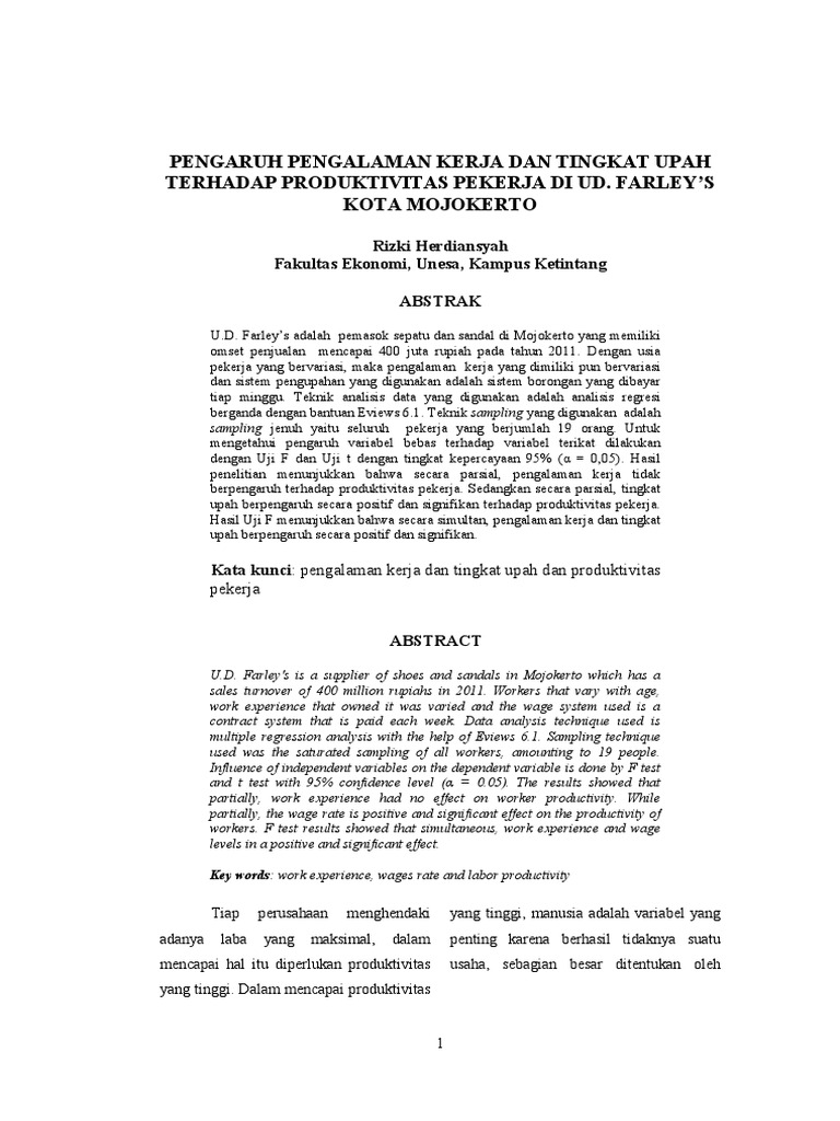 Jurnal Pengaruh Pengalaman Kerja Dan Tingkat Upah Terhadap ...