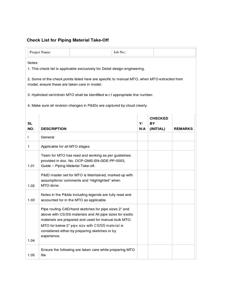 Check List for Piping Material Take-Off | Pipe (Fluid Conveyance) | Valve