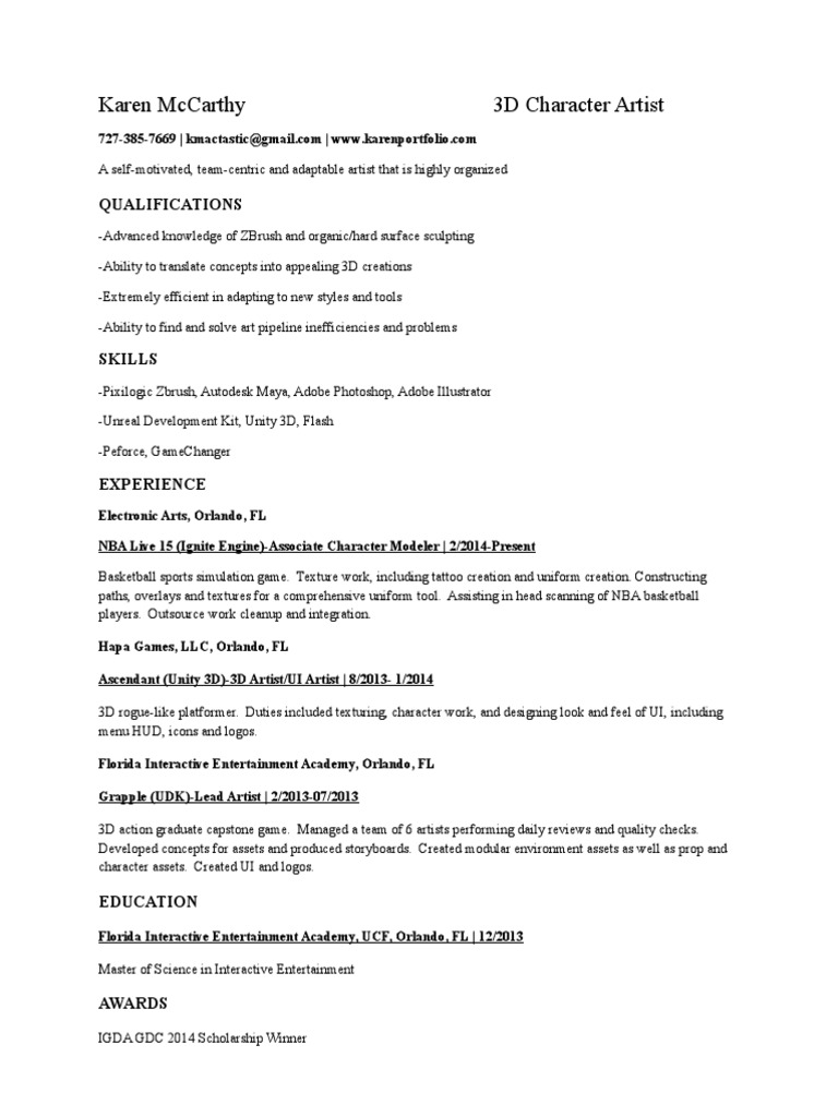 3D Character Artist Resume - Karen McCarthy | PDF
