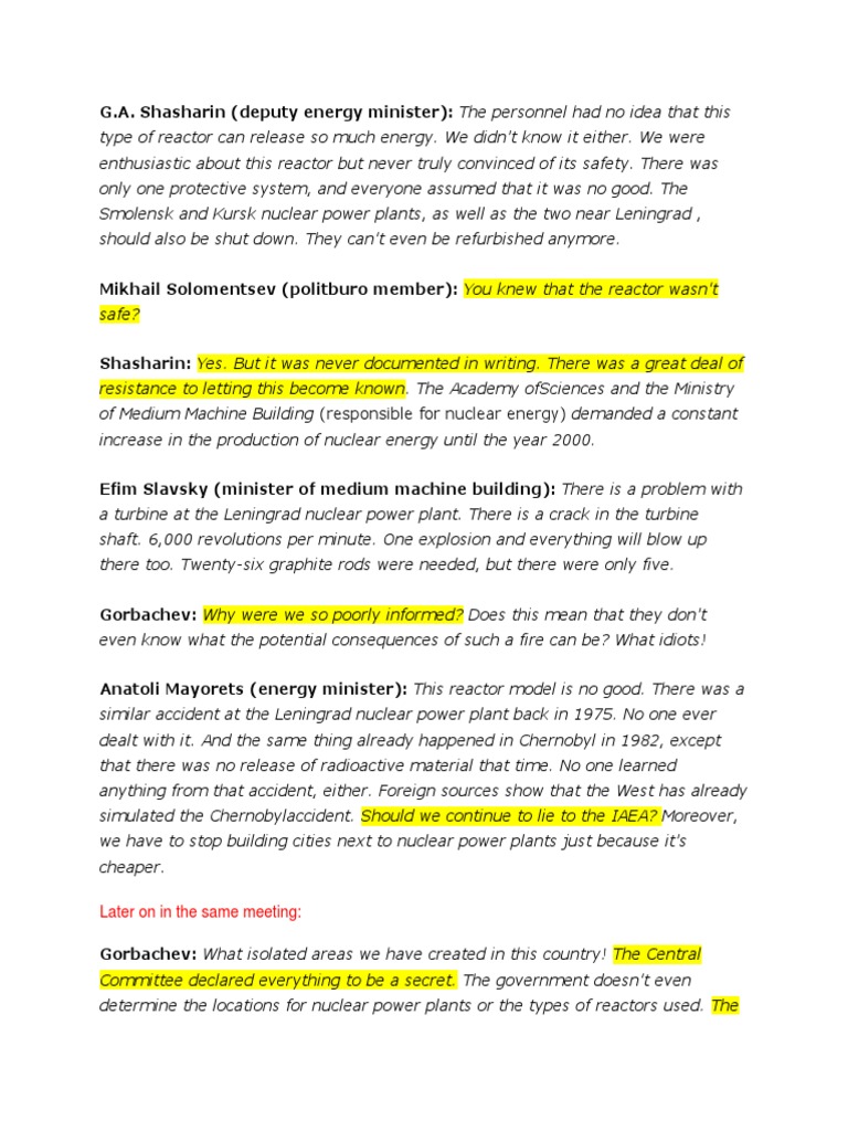 Politburo Meeting Conversation Transcript | PDF | Chernobyl Disaster ...
