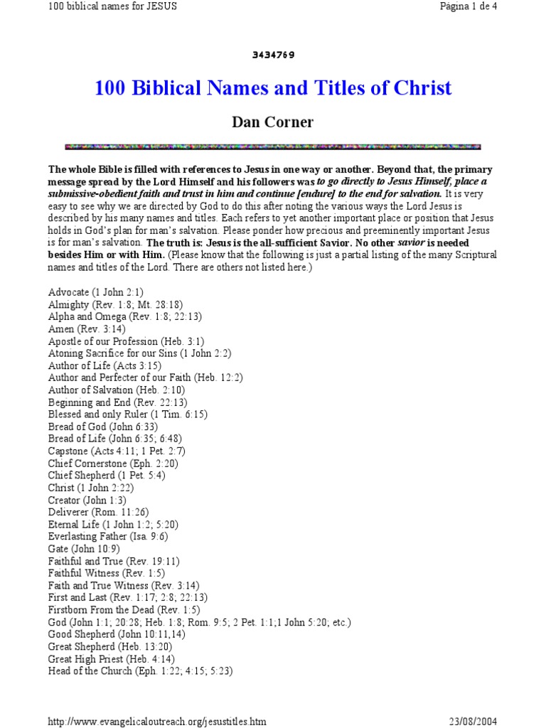 Corner - 100 Biblical Names and Titles of Christ (A) | PDF | Mary ...