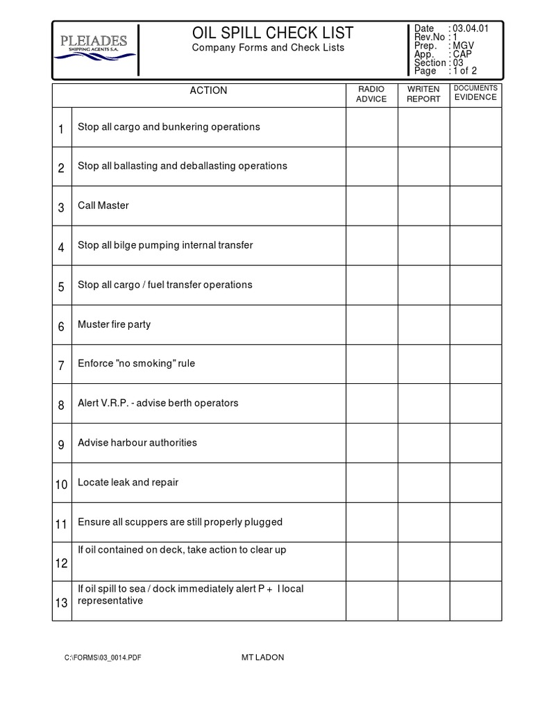 Oil Spill Check List: Company Forms and Check Lists | PDF