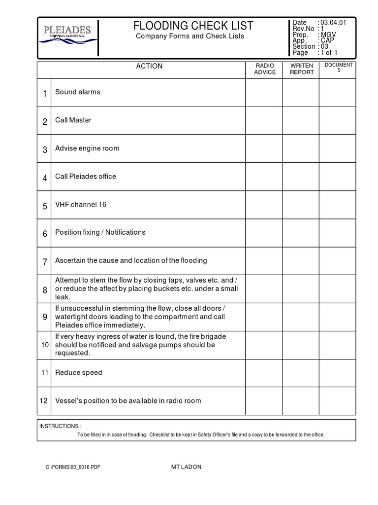 Flooding Check List: Company Forms and Check Lists | PDF