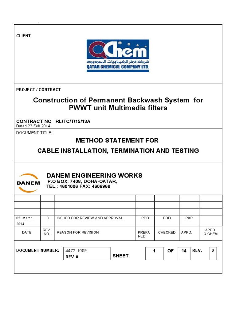 Method Statement for Cable Laying | Cable | Quality Assurance