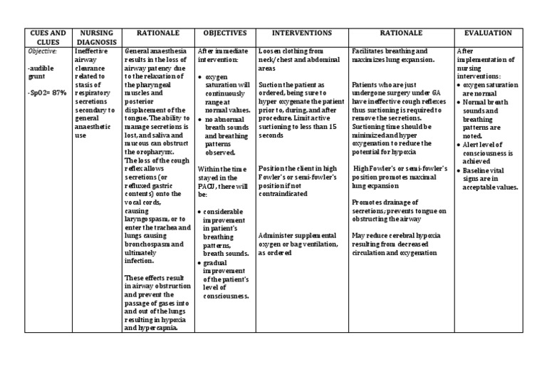 Cues and Clues Nursing Diagnosis Rationale Objectives Interventions ...
