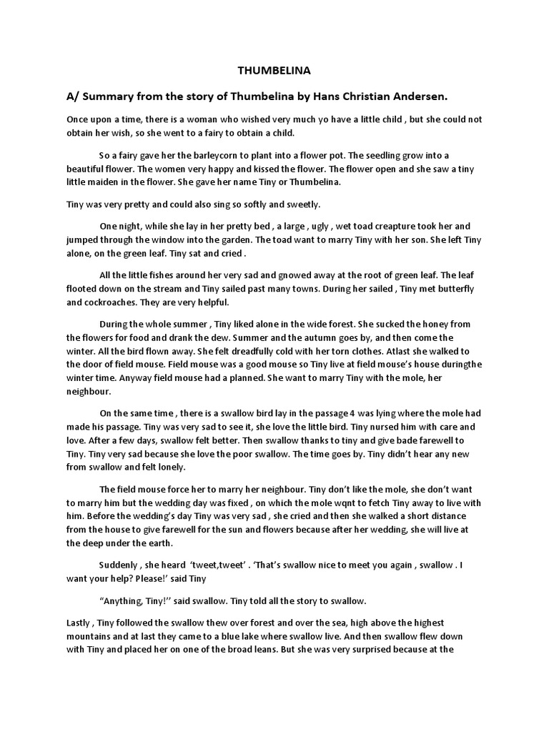 Thumbelina A/ Summary From The Story of Thumbelina by Hans Christian ...