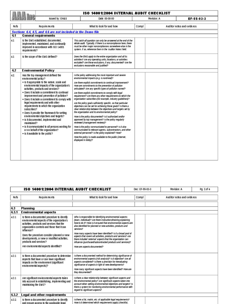 Checklist Demo for Iso 14001.Docx | Audit | Business