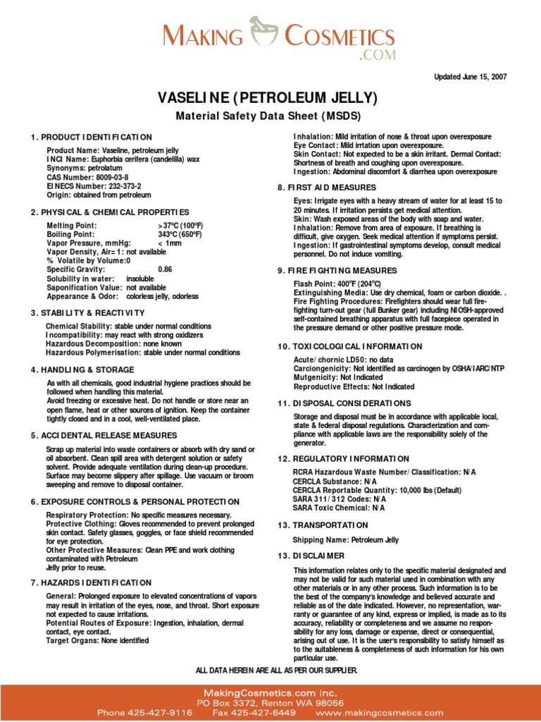 Msds Vaselin (Petroleum Jelly) | PDF | Waste Management | Personal ...