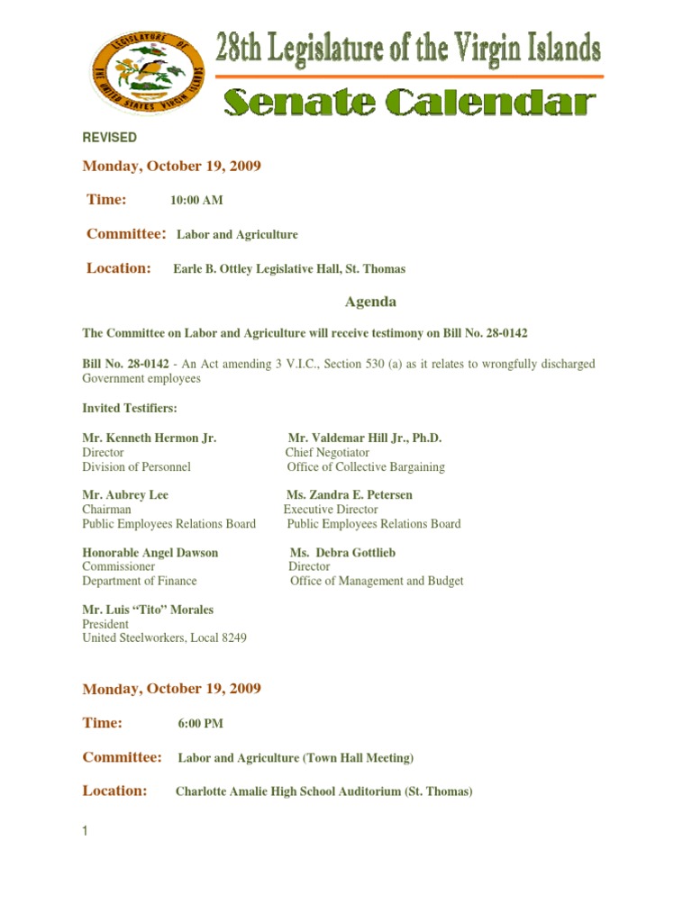 Legislative Calendar Weekending 102309 | PDF | United States Virgin ...