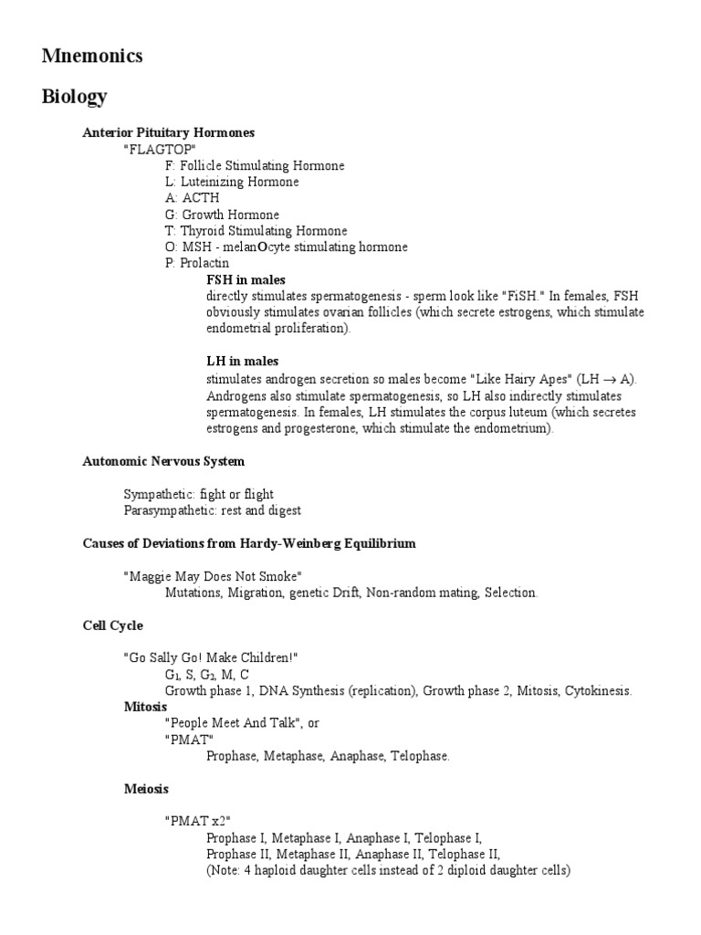 Mnemonics For The MCAT | PDF | Luteinizing Hormone | Glands