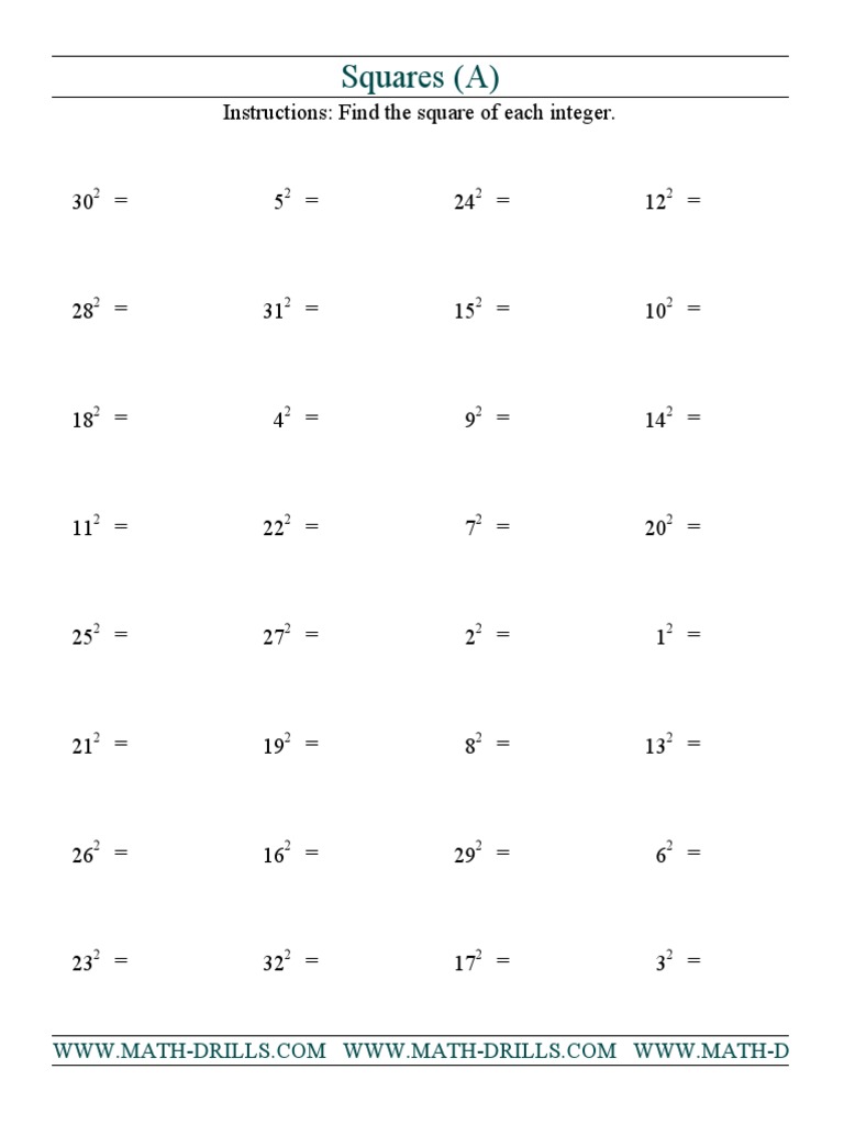 Finding the Squares of Integers: A Series of Worksheets | PDF ...