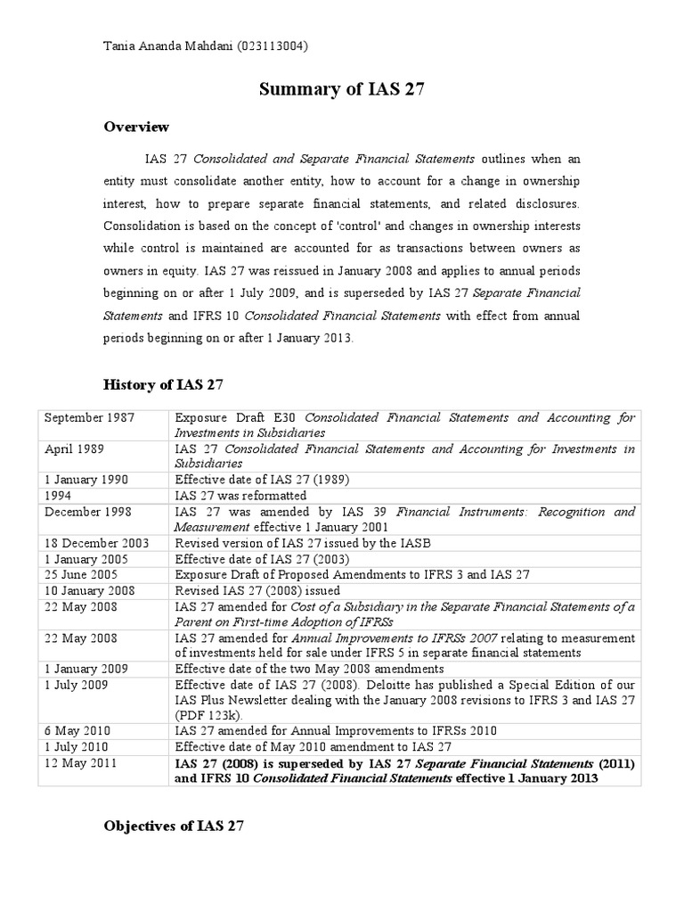 Summary of IAS 27: Consolidated and Separate Financial Statements | PDF ...