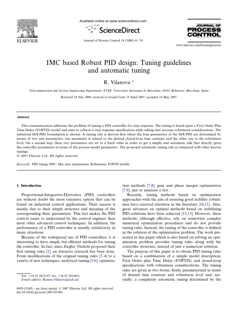 IMC Based Robust PID Design: Tuning Guidelines and Automatic Tuning | Download Free PDF ...