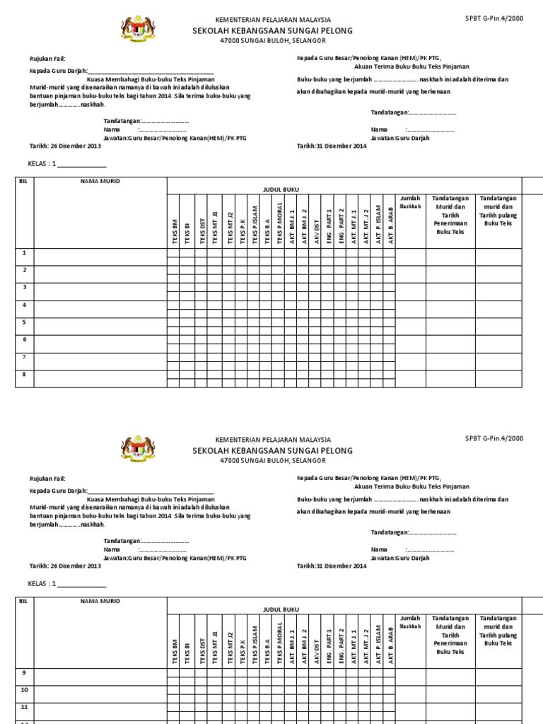 Daftar Peminjaman Buku Teks Kelas 1 | PDF
