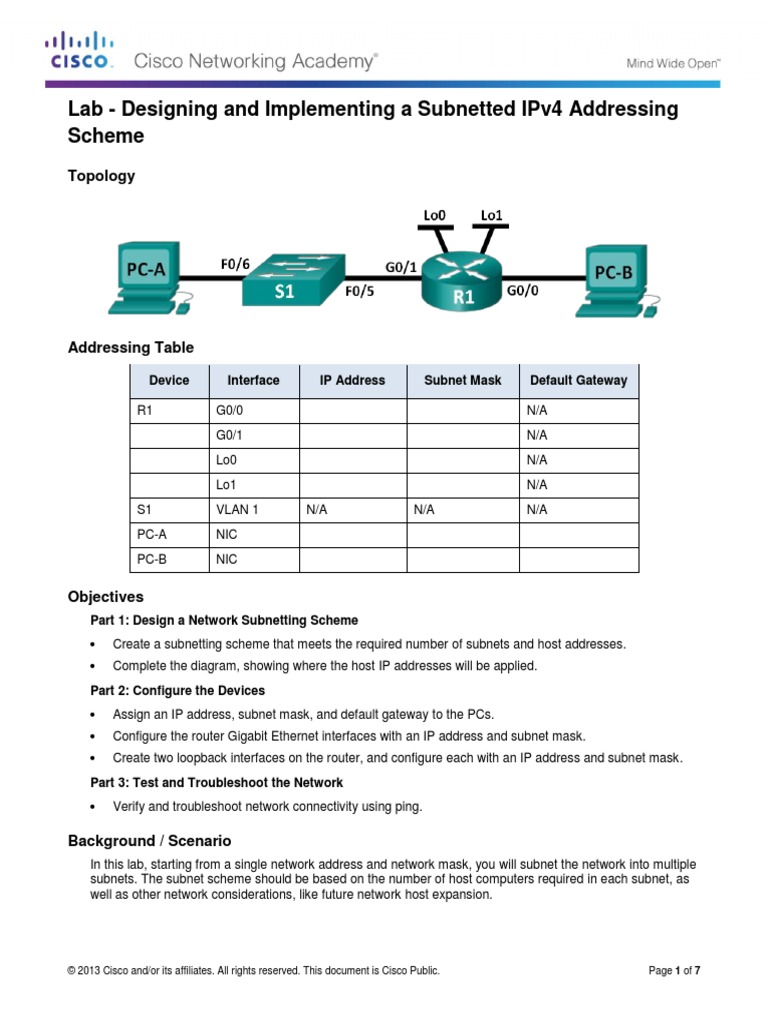 9213lab Designingandimplementingasubnettedipv4addressingscheme Pdf Ip Address