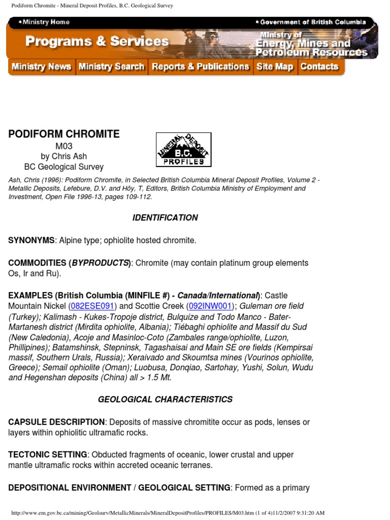 Podiform Chromite - Mineral Deposit Profiles, B.C. Geological Survey ...
