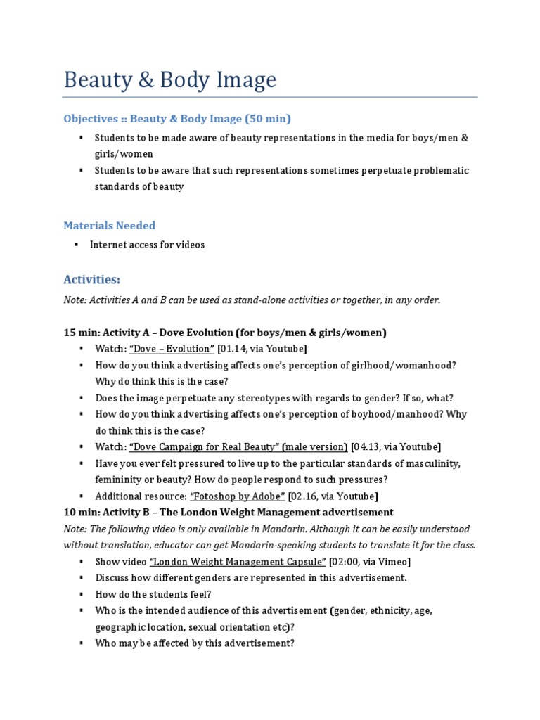Beauty and Body Image Lesson Plan | PDF | Body Image | Gender