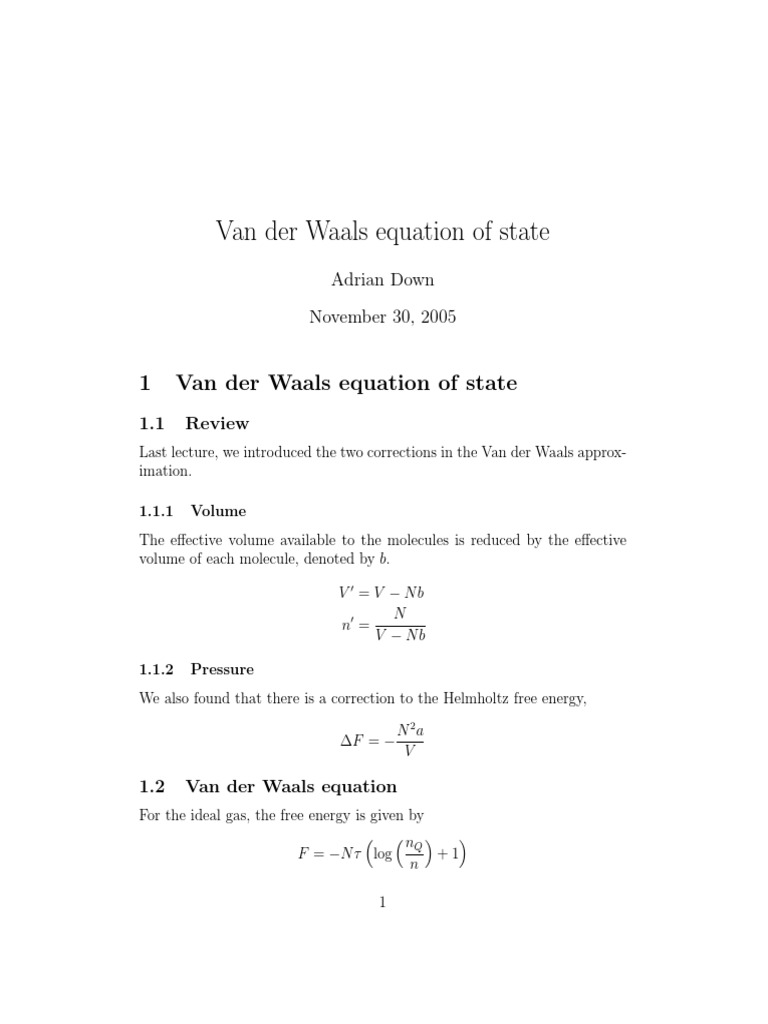 Derivation of Van der Waals Equation | PDF | Gases | Continuum Mechanics