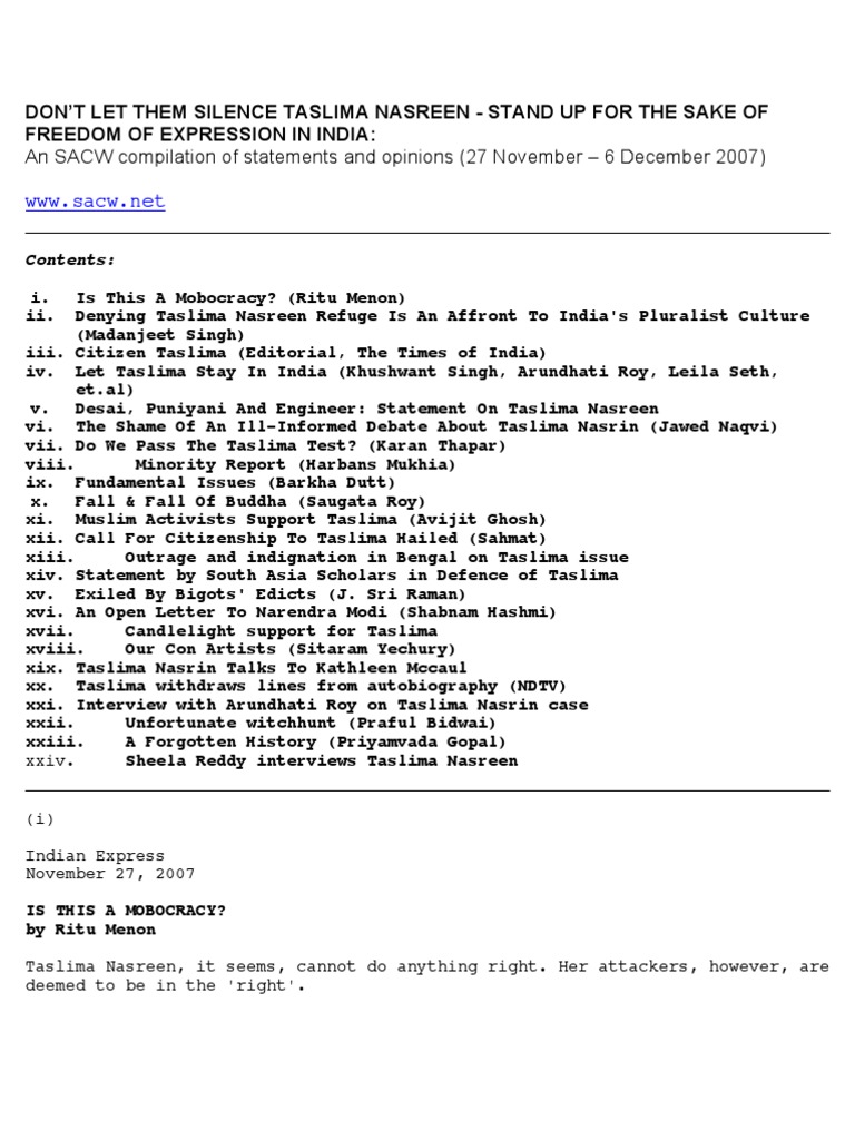 Don't Let Them Silence Taslima Nasreen - Stand Up For | PDF | Religion And Belief