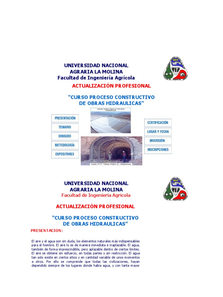Curso Proceso Constructivo Obras Hidraulicas, Universidad La Molina-Angel | PDF | Reservorio | Agua