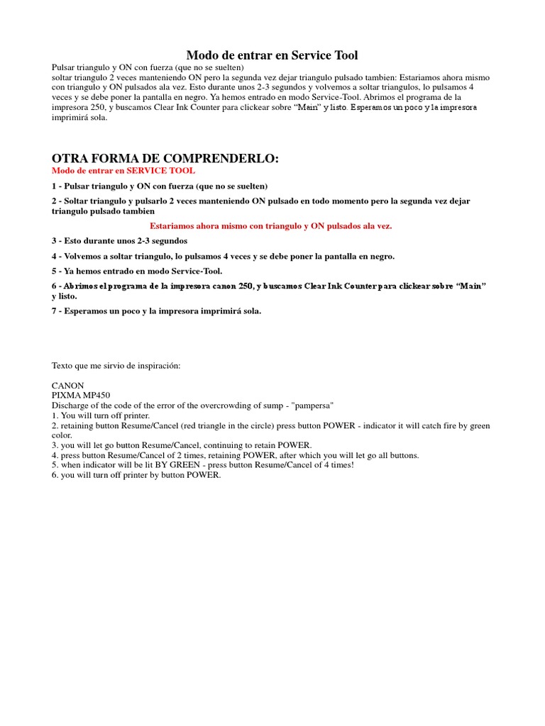 Acceso al Modo Service Tool Canon MP250 | PDF