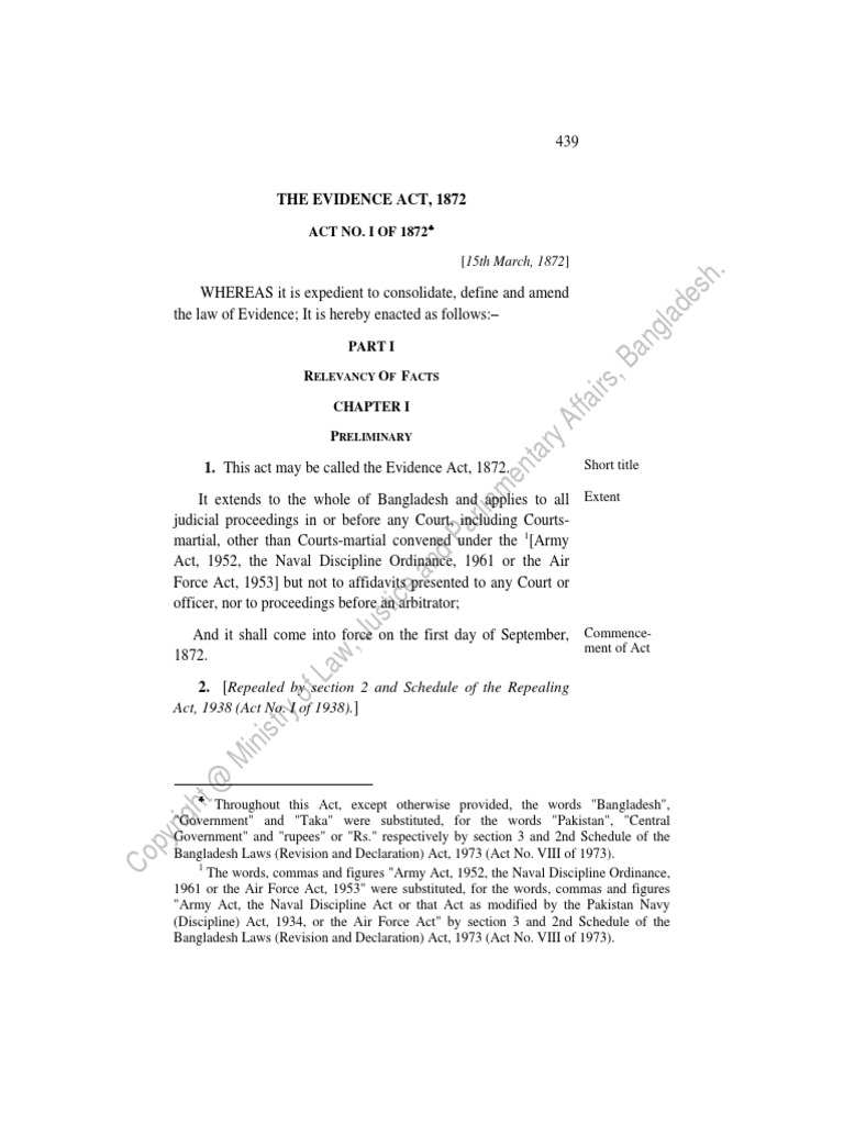 The Evidence Act, 1872: Act No. I of 1872 (15th March, 1872) | PDF ...