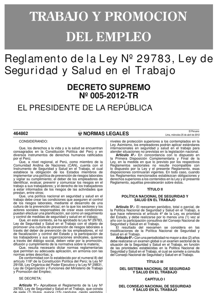 DS 005-2012-TR Reglamento Ley 29783 LSST | PDF | Derecho laboral | Consejo de seguridad nacional ...