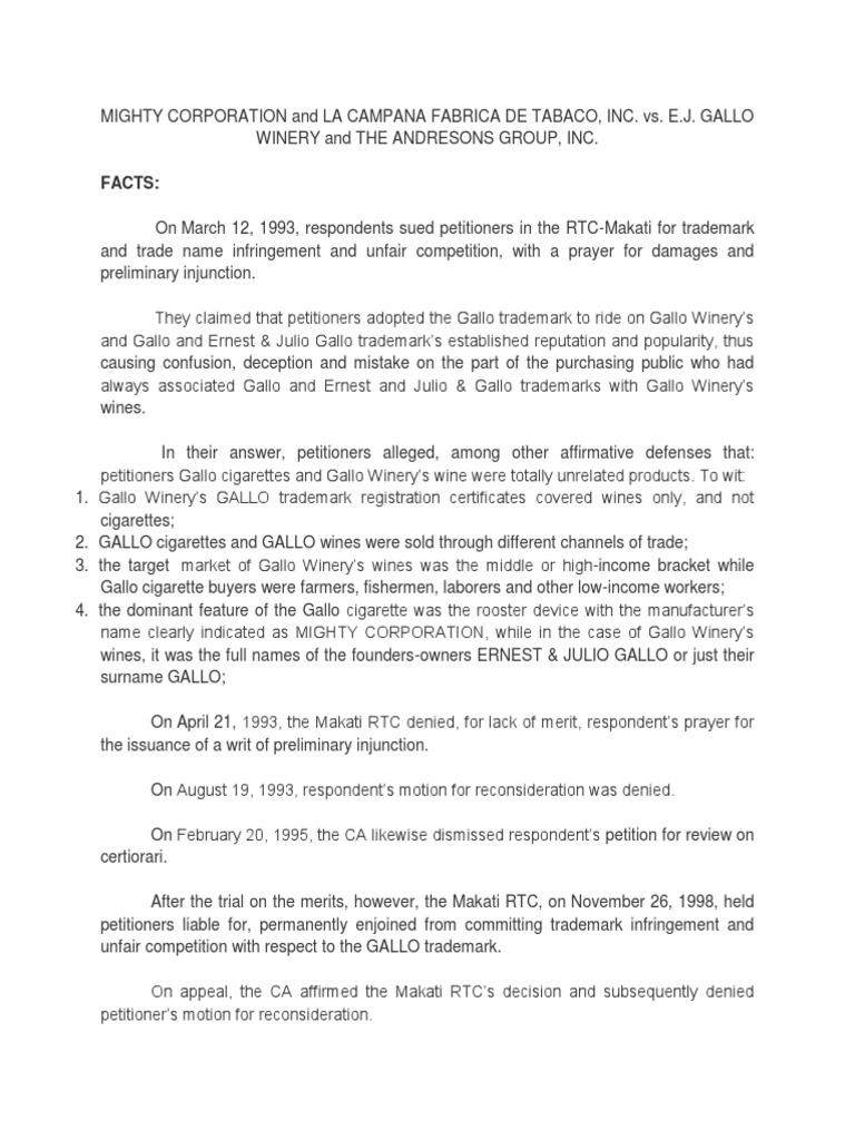 Trademark Dispute: Gallo Cigarettes Case | PDF | Trademark | Common Law