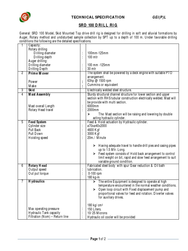 Specification | PDF | Drilling Rig | Drill