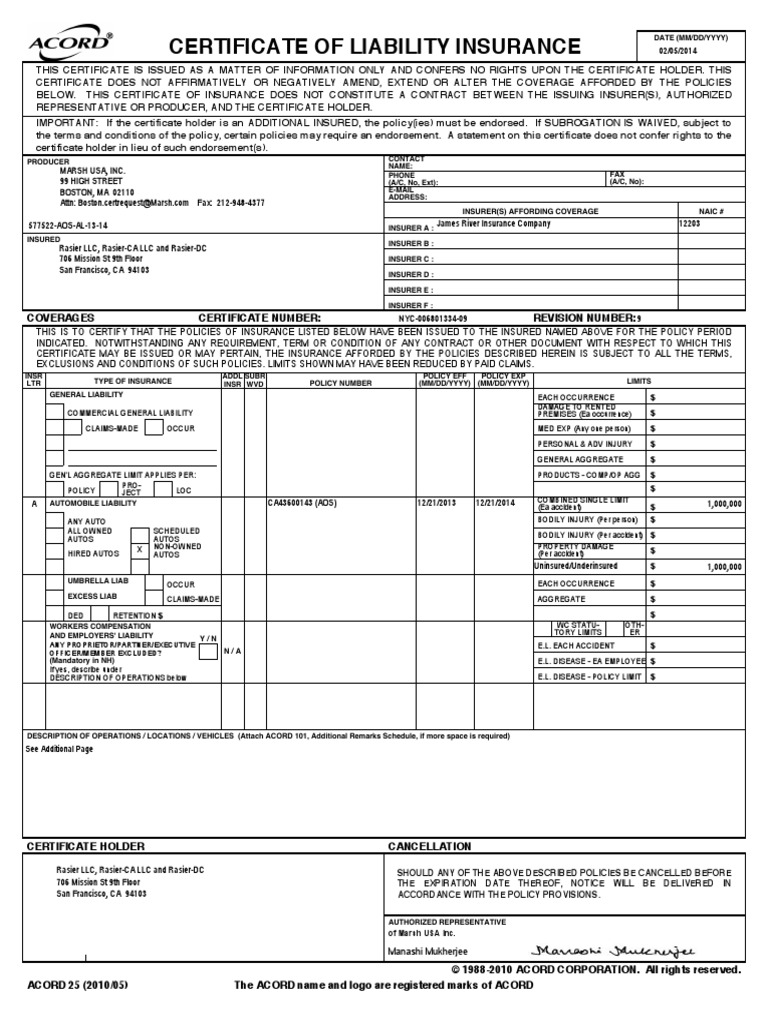 UberX Coverage Certificate 122113 Marsh Usa | Limited Liability Company ...