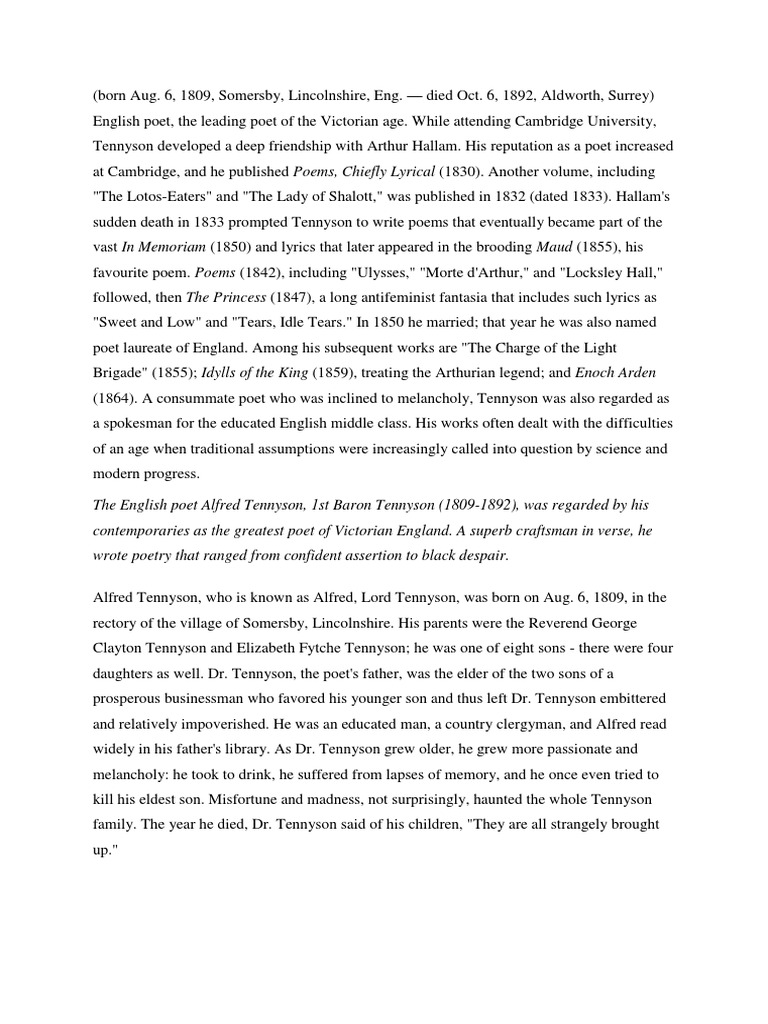 Alfred LOrd Tennyson Finish Biography | PDF | Poetry