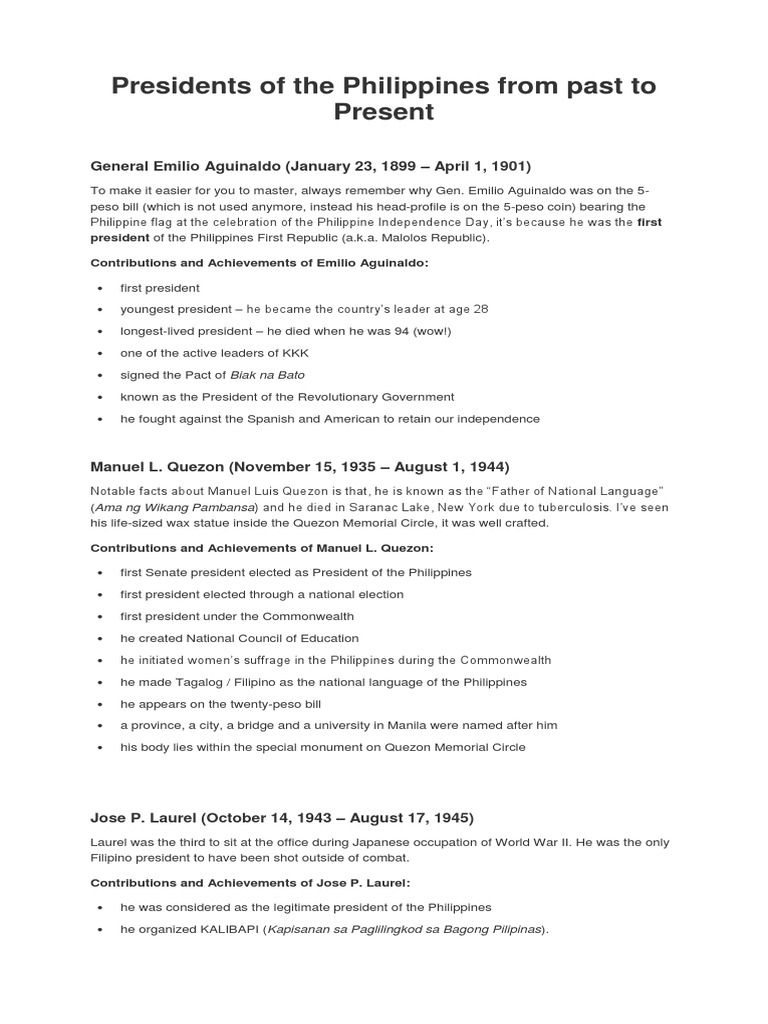 Presidents of the Philippines: A Timeline | PDF | Philippines ...
