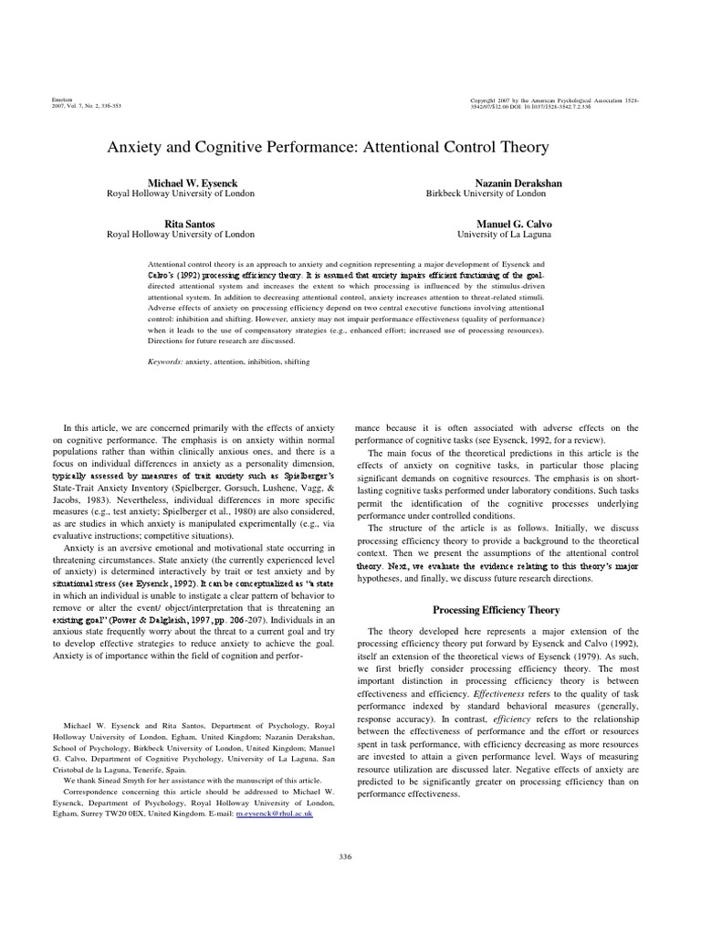 Anxiety and Cognitive Performance Attentional Control Theory | PDF ...