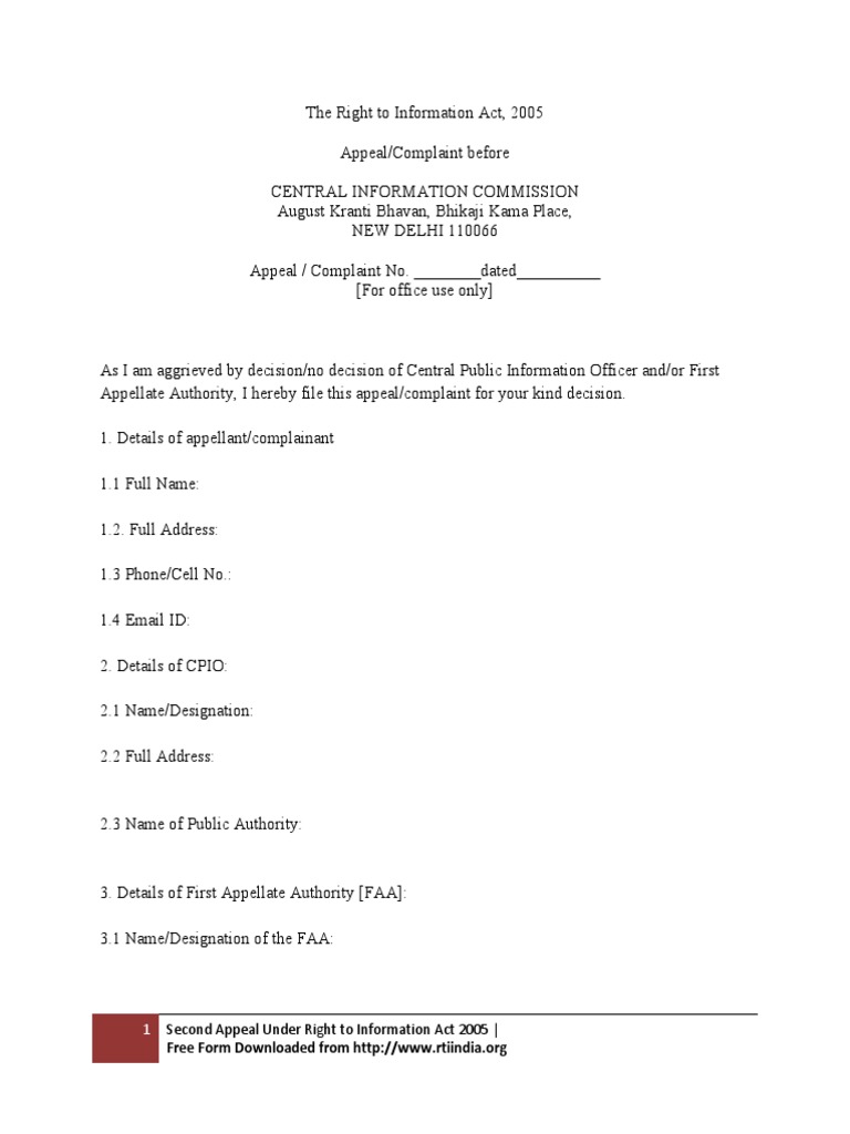 Second Appeal Format Under RTI2005 | PDF | Mail | Complaint