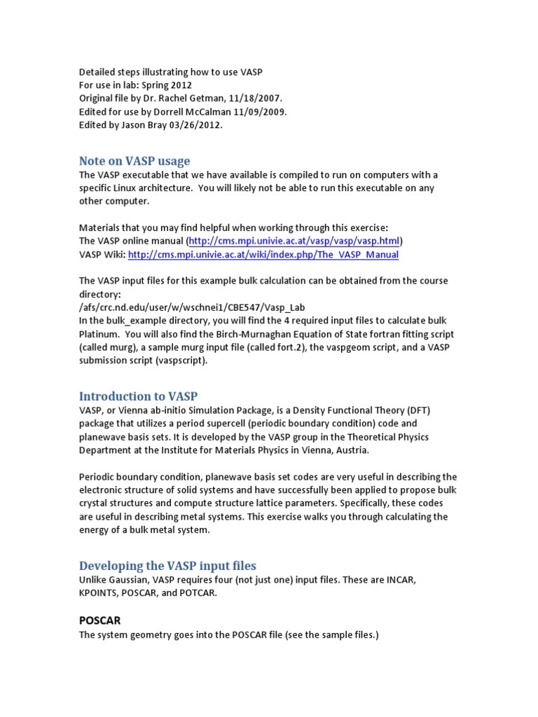 Vasp Lab1 Intro | PDF | Crystal Structure | Density Functional Theory