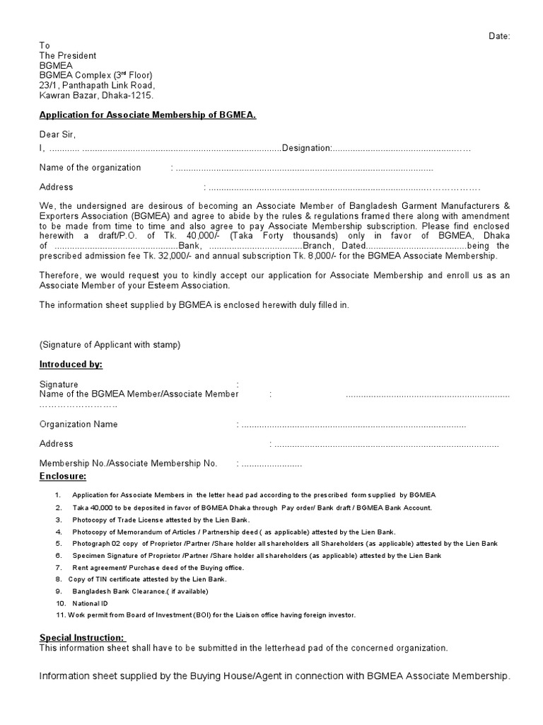BGMEA Membership Application Buying House | PDF | Joint Venture ...