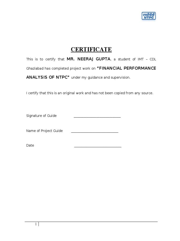 Certificate: Mr. Neeraj Gupta "Financial Performance Analysis of NTPC ...
