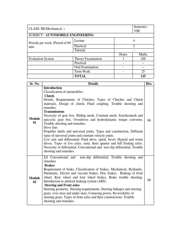 AUTOMOBILE ENGINEERING SYLLABUS | PDF | Suspension (Vehicle ...
