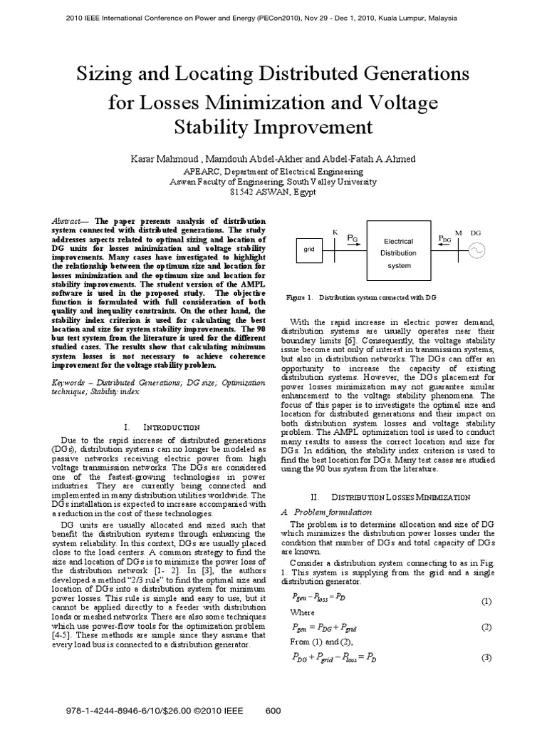 Sizing And Locating Distributed Generations For Losses Minimization And