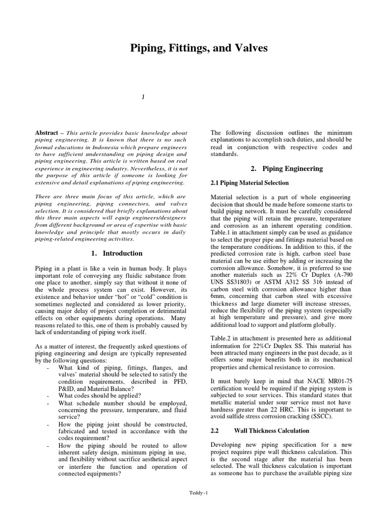 Piping Engineering Basics Guide | PDF | Pipe (Fluid Conveyance) | Valve