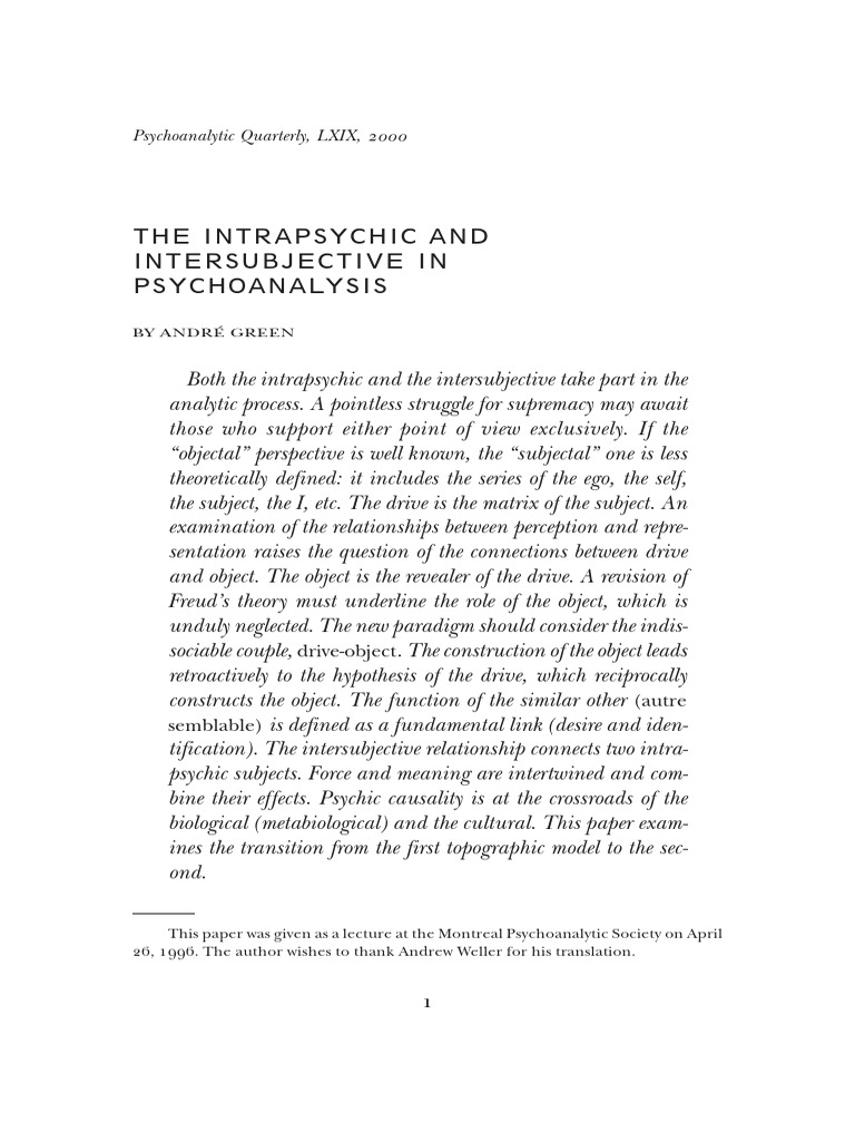 The Intrapsychic and The Intersubjective in Psychoanalysis - Green ...