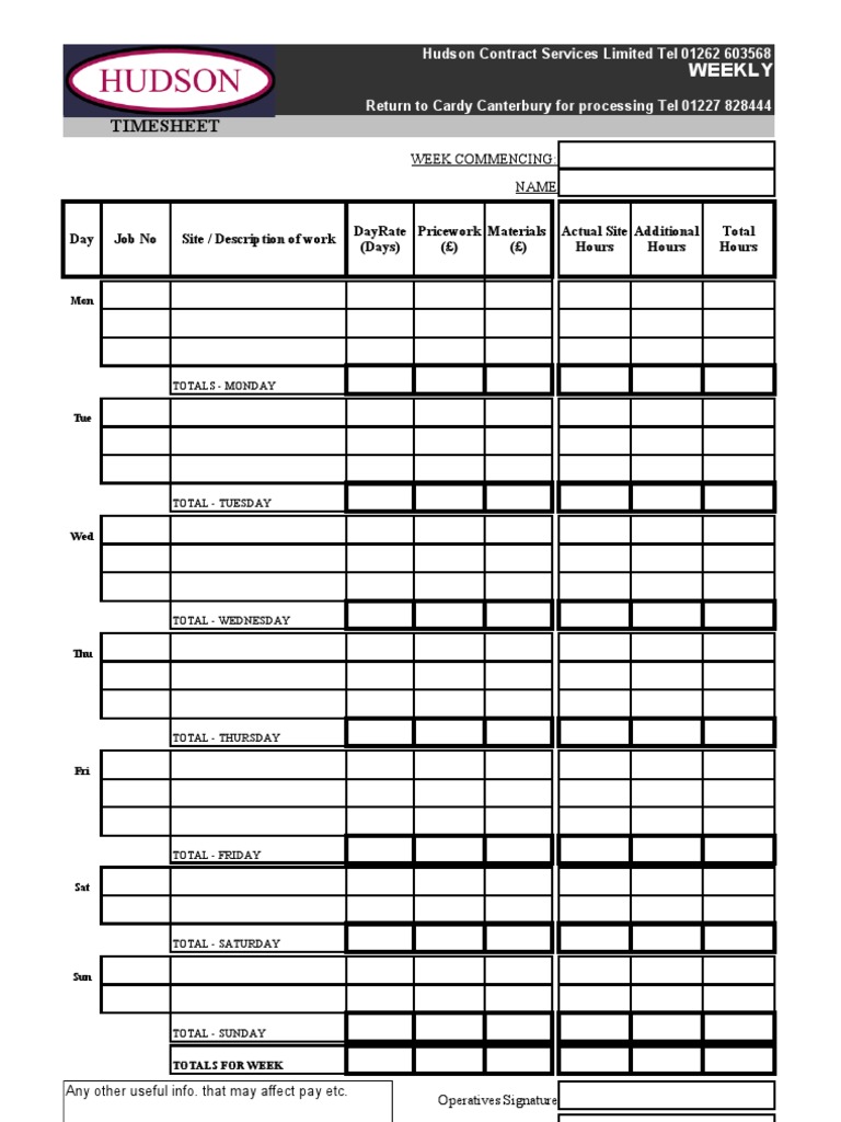 Hudson Weekly Timesheet Template | PDF | Leisure | Sports
