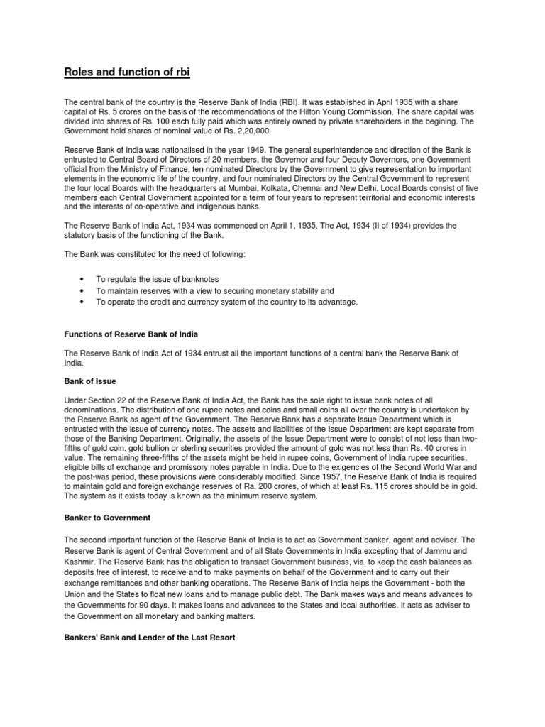 Roles and Function of Rbi | PDF | Reserve Bank Of India | Central Banks