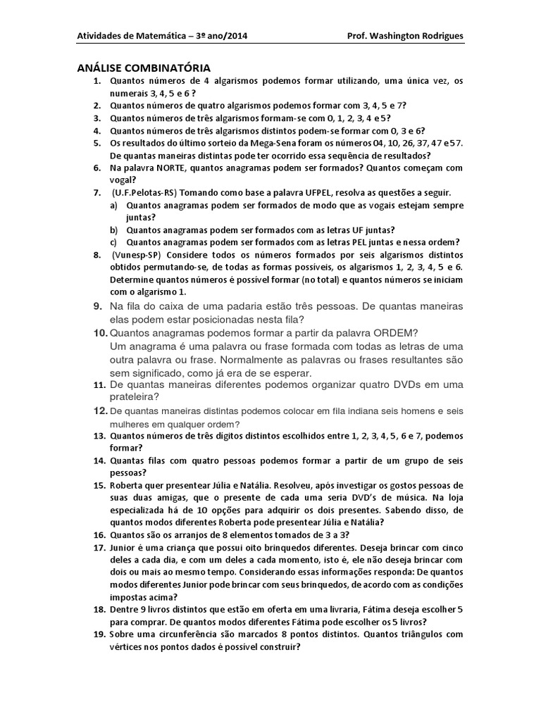 ANÁLISE COMBINATÓRIA e PROBABILIDADE - ATIVIDADES | PDF | Brinquedos | Combinatória